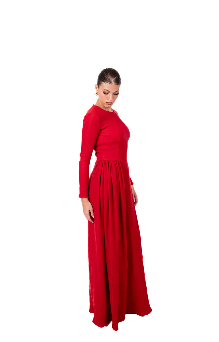 Scarlet Harmony Ribbed Dress – Long Sleeve Maxi With Sculpted Waist – Acaciastudio
